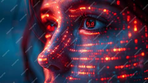 Digital Human Face With Glowing Binary Streams For Facial Recognition A Closeup View Concept