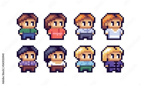 Chibi Cute Human Figure Pixel Art Set Adorable Kawaii Character Male And Female With Different