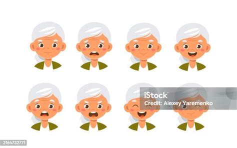 늙은 여자 생성자 다양한 감정과 감정을 가진 할머니 사용자 정의를 위한 키트 머리와 얼굴의 팩 노인 및 연금 수급자 플랫 벡터 컬렉션 개성 개념에 대한 스톡 벡터 아트 및
