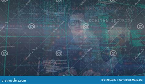image of cyber security data processing over portrait of male hacker