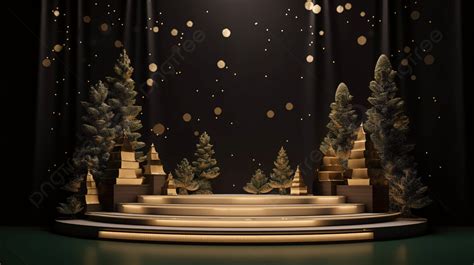 Christmas Stage Showing Gold Trees On The Stage Background 3d Rendering Podium And Stage Theme