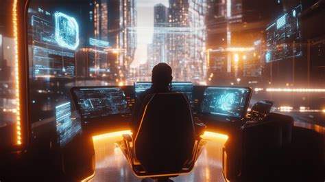Futuristic Hacker Seated At A Control Panel With Multiple Screen