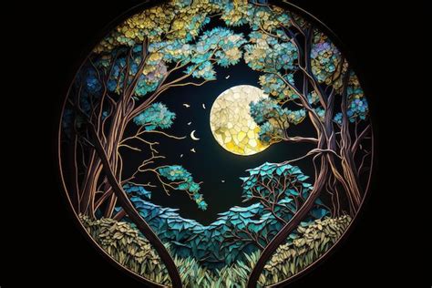 Premium Ai Image Stained Glass With Full Moon