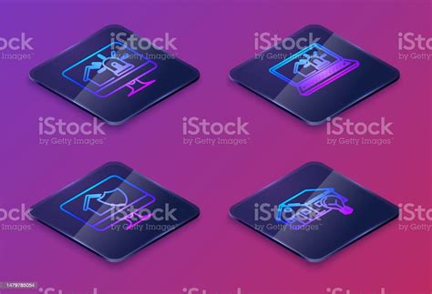 아이소메트릭 라인 알람 보호받는 집이 있는 컴퓨터 모니터 스마트 하우스와 알람이 있는 노트북 스마트 하우스와 전구를 설정합니다 파란색 사각형 버튼 벡터 3차원 형태에 대한