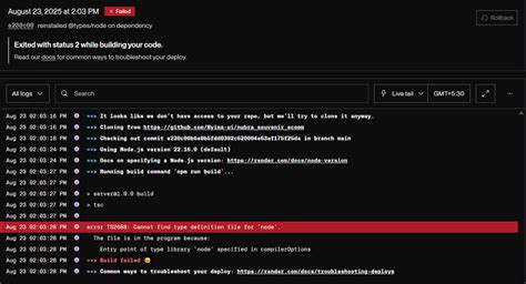 Render Deploy Failing Ts2688 Cannot Find Type Definition File For Node Nodejs 22160