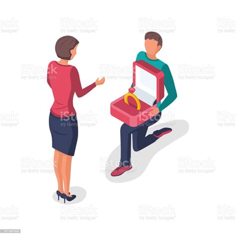 한 청남이 결혼 제안을 하는 반지와 함께 무릎을 꿇고 서 있다 결혼식에 대한 스톡 벡터 아트 및 기타 이미지 결혼식 플랫 디자인 3차원 형태 Istock