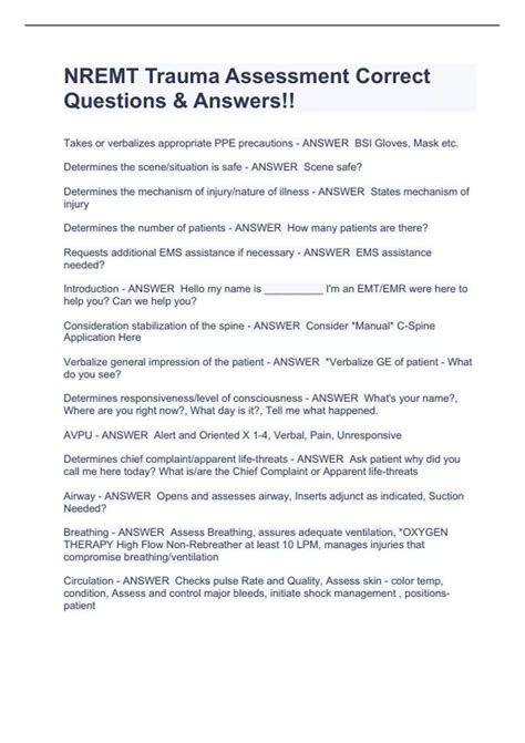 NREMT Trauma Assessment Correct Questions Answers NREMT Stuvia US