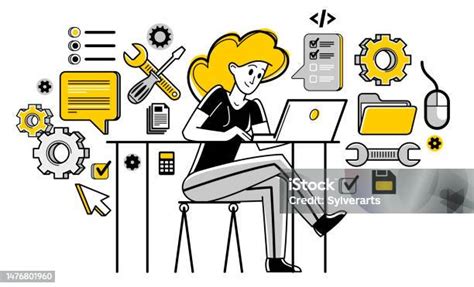 기술자 컴퓨터 엔지니어 여자는 Pc 벡터 개요 그림을 수리하고 소프트웨어 및 하드웨어 시스템 관리자로 시스템 작업을 수정합니다 Cpu에 대한 스톡 벡터 아트 및 기타 이미지