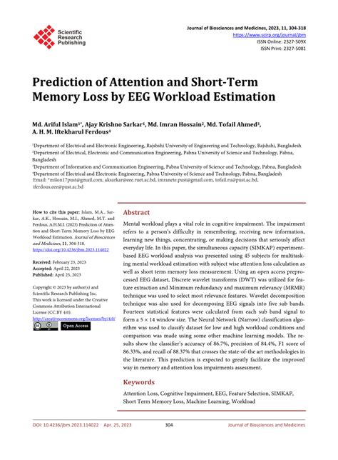 Pdf Prediction Of Attention And Short Term Memory Loss By Eeg