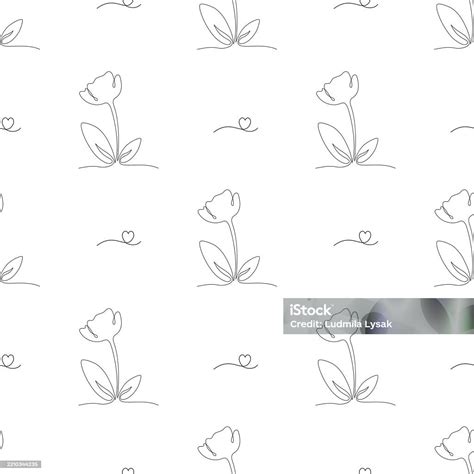 완벽 한 패턴 꽃 튤립 잎과 마음 흰색 배경에 하나의 연속적인 선 그리기 로맨틱 미니멀리스트 우아한 꽃 템플릿 Simple Linear Style의 벡터 일러스트레이션