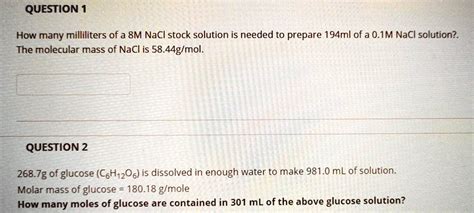 Question How Many Milliliters Of A M Nacl Stock Solution Is Needed To Prepare Ml Of A M