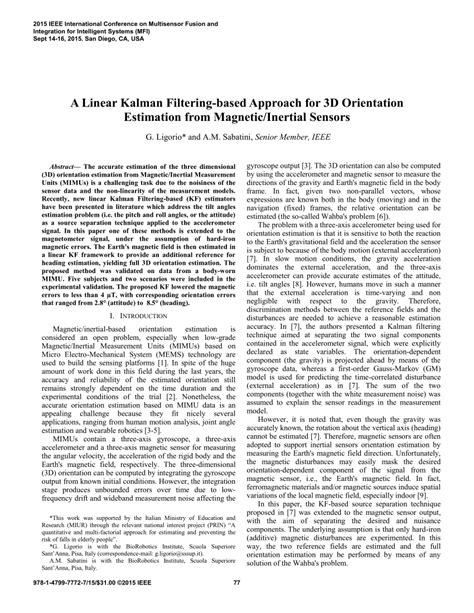Pdf A Linear Kalman Filtering Based Approach For 3d Orientation Estimation From Magnetic