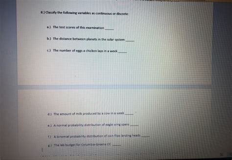 Solved 8 Classify The Following Variables As Continuous Or