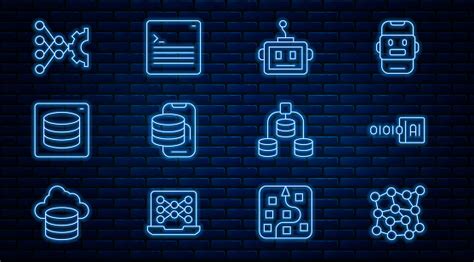 라인 신경망 바이너리 코드 인공 지능 로봇 클라우드 기술 데이터 전송 서버 데이터 및 웹 개발자 프로그래밍 아이콘을 설정합니다 벡터 개념에 대한 스톡 벡터 아트 및 기타