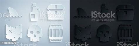 두개골 골동품 보물 상자 해적 지도 나무 통 알코올 음료 럼 상어 지느러미 바다 파도 아이콘을 설정합니다 벡터 3차원 형태에 대한 스톡 벡터 아트 및 기타 이미지 Istock