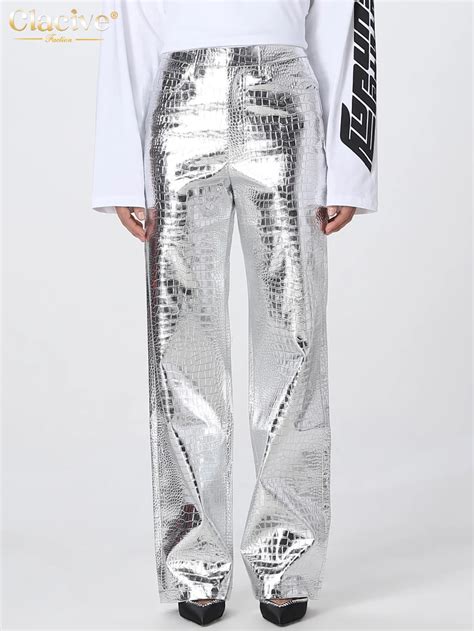 Clacive-Vintage-Sliver-Pu-Leather-Womens-Pants-2023-Fashion-High-Waist ...