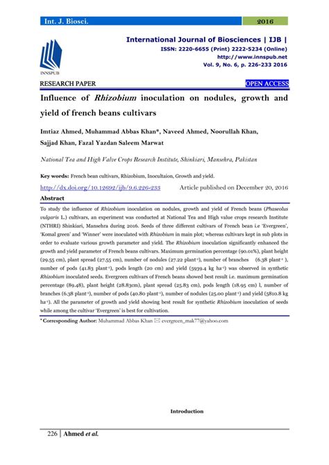 Influence Of Rhizobium Inoculation On Nodules Growth And Yield Of French Beans Cultivars