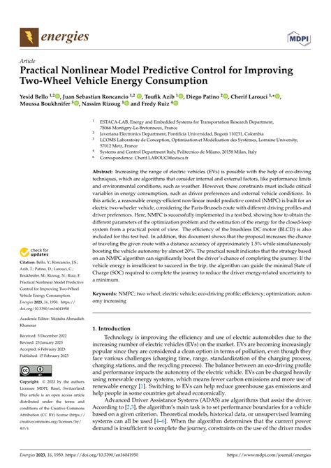 Pdf Practical Nonlinear Model Predictive Control For Improving Two Wheel Vehicle Energy