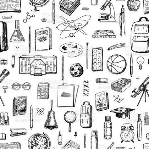 학교 속성 원활한 패턴 교과서 실험실 장비 문구류 장식 손으로 그린 벡터 삽화 학교 디자인으로 돌아갑니다 고정됨에 대한 스톡 벡터 아트 및 기타 이미지 Istock