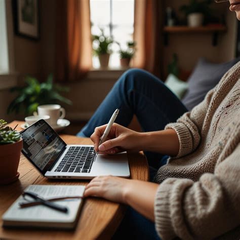A Woman Sits At A Table With A Laptop And Writing On Her Lap Premium Ai Generated Image