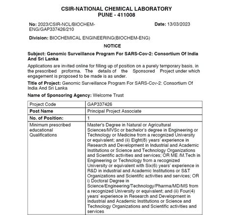 Principal Project Associate Under Welcome Trust Project Csirncl Pune Jaivikshastram