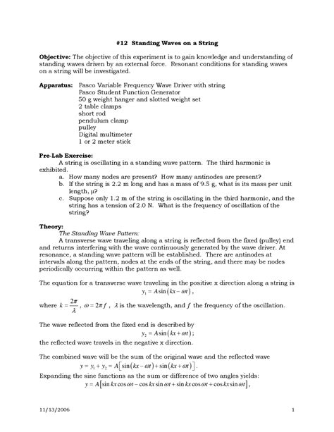 Standing Waves On A String Experiment 12 Phys 250 Lab Reports