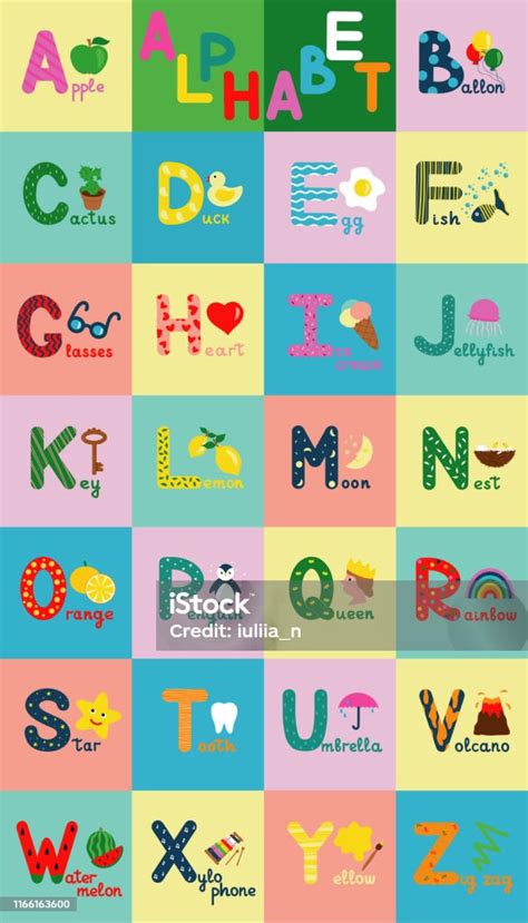 어린이 교육을위한 영어 알파벳 대문자로 단어와 전체 알파벳 귀여운 아이 다채로운 Abc 알파벳 만화 스타일 영어 어휘 벡터 일러스트 를 배우기위한 플래시 카드 0명에 대한
