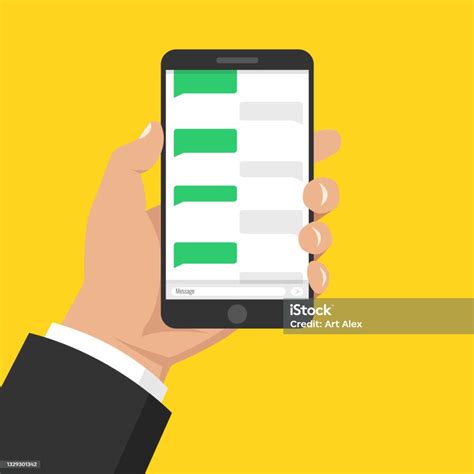 채팅 상자와 응용 프로그램과 함께 스마트 폰을 들고 손 플랫 만화 스타일 벡터 그림입니다 Brand Name Online Messaging Platform에 대한 스톡 벡터