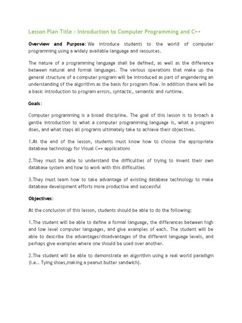 Lesson Plan Title Introduction To Computer Programming And C Pdf Programming Language