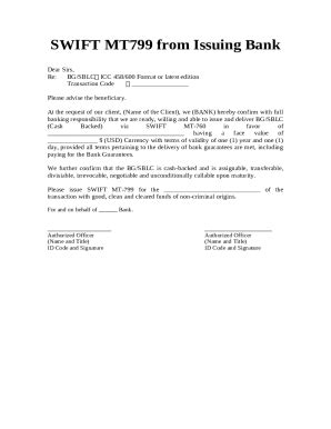 TEXT FOR THE SWIFT MT 799 PRE ADVICE FOR A SBLC Doc Template PdfFiller