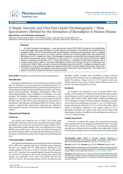 Pdf A Simple Isocratic And Ultra Fast Liquid Chromatography Mass Spectrometry Method For