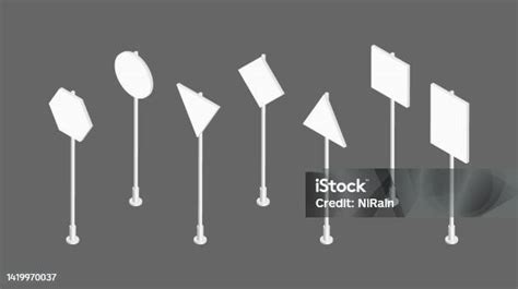 흰색 배경에 고립 된 빈 도로 표지판의 벡터 그림 텍스트를위한 장소가있는 교통 표지판 세트 금속 기둥에 현실적인 흰색 교통 통제