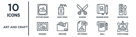 예술 및 공예 개요 아이콘 세트에는 가는 선 그림 프레임 가위 수채화 포장지 깃펜 사진 프레임 보고서 프레젠테이션 다이어그램 웹