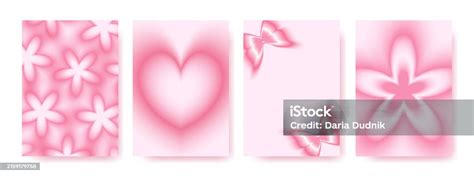 흐릿한 로맨틱한 모양이 있는 Y2k 배경입니다 하트 꽃 나비 그라데이션 요소 2000 년대 스타일 포스터 카드 및 표지를 위한 트렌디한 템플릿 꽃 식물에 대한 스톡 벡터