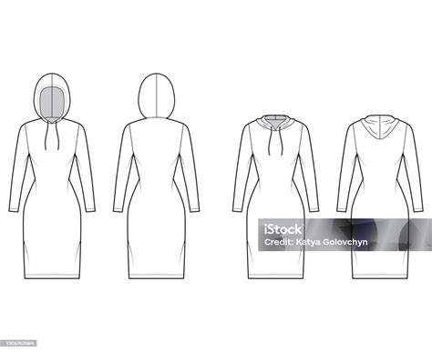 후드 드레스 의 긴 소매 무릎 길이 몸에 맞는 연필 충만 플랫 0명에 대한 스톡 벡터 아트 및 기타 이미지 0명 검은색