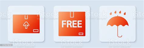 무료 기호와 골판지 상자를 설정 교통 기호와 우산과 비 방울 골판지 상자 흰색 정사각형 버튼 벡터 교정쇄에 대한 스톡 벡터 아트