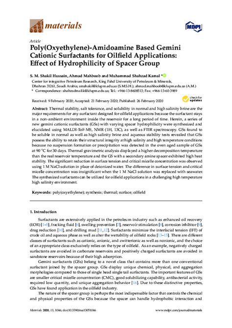 Pdf Polyoxyethylene Amidoamine Based Gemini Cationic Surfactants For Oilfield Applications