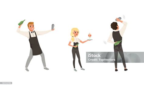 알코올 칵테일 세트를 준비하는 바멘 남성과 여성 바텐더 캐릭터 서 재료와 부어 준비 음료 만화 벡터 일러스트 나이트클럽에 대한