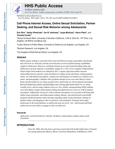 PDF Cell Phone Internet Access Online Sexual Solicitation Partner Seeking And Sexual Risk