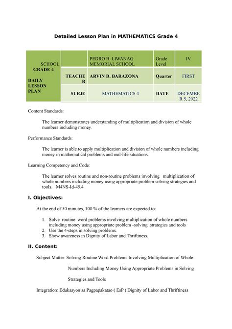 631020260 Detailed Lesson Plan In Mathematics Grade 4 Solves Routine