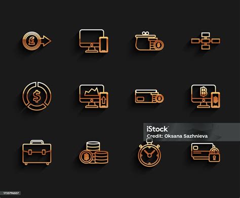라인 서류 가방 스톱워치 신용 카드 잠금 재무 차트 또는 그래프 컴퓨터 모니터 및 휴대 전화 컴퓨터 비트 코인 및 봉투 달러 아이콘을 설정합니다 벡터 0명에 대한 스톡 벡터