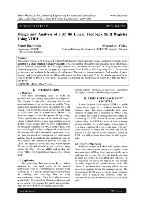 Pdf Design And Analysis Of A 32 Bit Linear Feedback Shift Register Using Vhdl