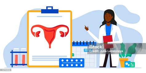 부인과 여성의 건강 자궁 난소 및 자궁 자궁내막증 자궁내막 증 기능 장애 자궁 내막증 개념 의사는 자궁 검사를 합니다 배너 웹 페이지의 경우 피임약 건강관리와 의술에 대한