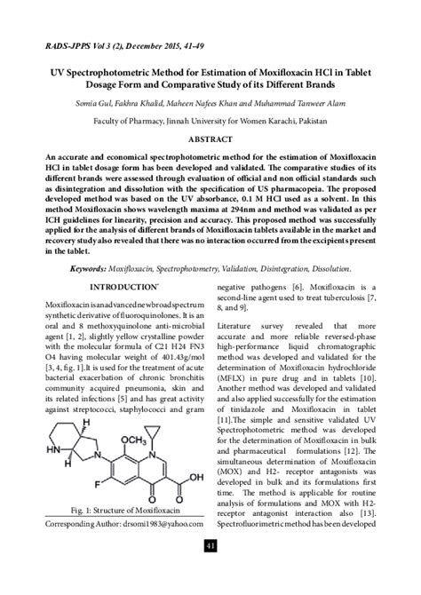 Pdf Uv Spectrophotometric Method For Estimation Of Moxifloxacin Hcl In Tablet Dosage Form And