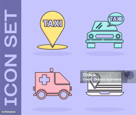 위치 마커가 있는 노트북 택시 구급차 및 긴급 차량이 있는 지도 포인터 택시 자동차 아이콘을 설정합니다 벡터 건강 진단에 대한