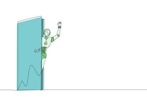 Premium Vector Single Continuous Line Drawing Robots Peeking Of Door And Wave Hands Modern