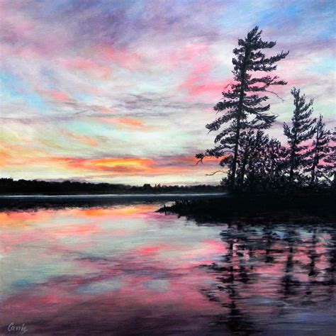 Sunset Lake Tree Reflection Muskoka Painting X Acrylic Sky Painting Lake Sunset