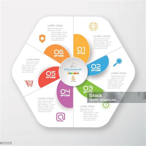 흰색 육각형 형태와 색상 세그먼트의 벡터 Infographic 그라데이션 회색 배경에 그림자 회색 텍스트 및 색 아이콘으로