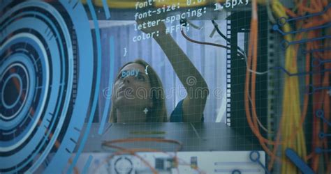 Image Of Data Processing Over Caucasian Woman Inspecting Server Room Stock Image Image Of Room