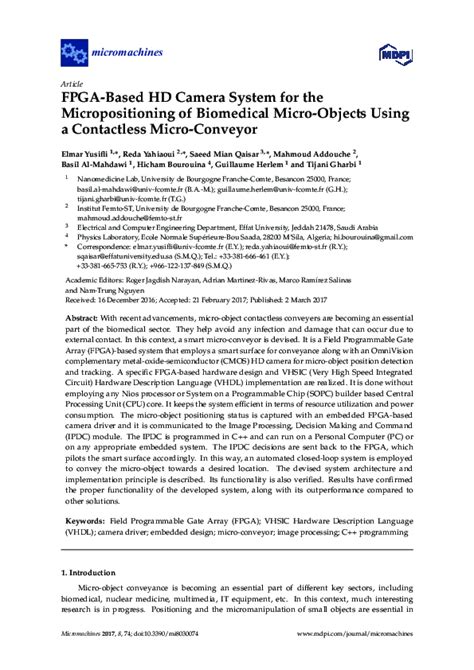 Pdf Fpga Based Hd Camera System For The Micropositioning Of Biomedical Micro Objects Using A